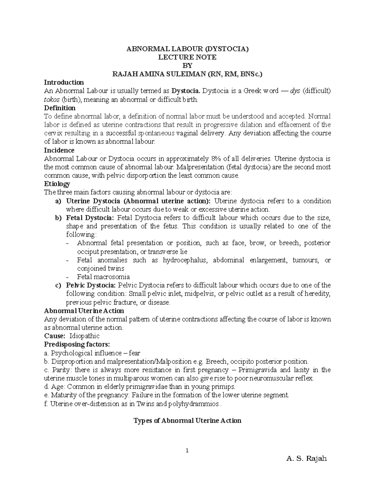 Abnormal labour - ABNORMAL LABOUR (DYSTOCIA) LECTURE NOTE BY RAJAH ...