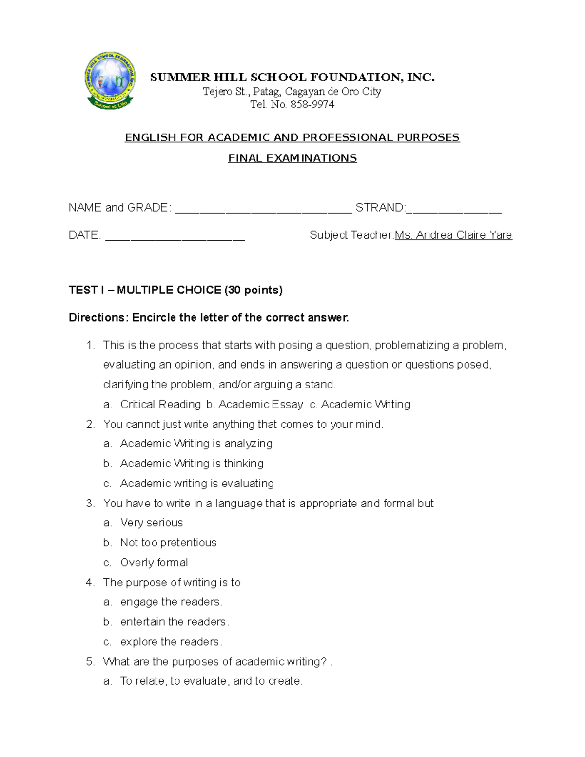 Final EXAM Grade 12 English for Academic and Professional Purposes ...