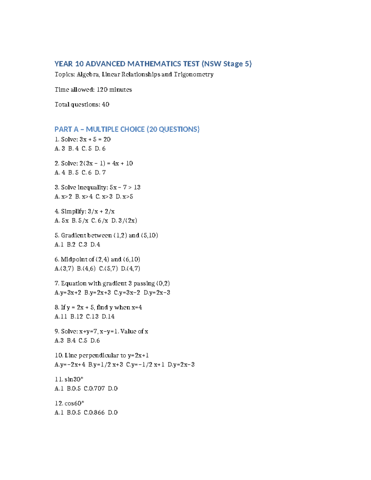 YEAR 10 ADVANCED MATH TEST (NSW Stage 5) - Algebra & Trig - Studocu