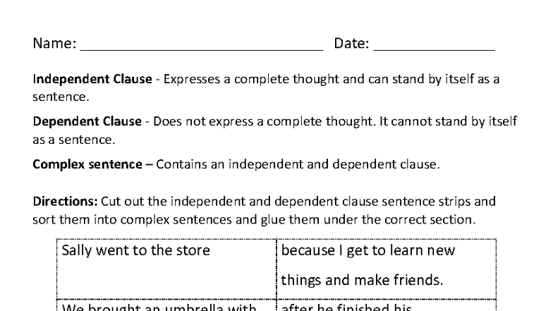 Independent and Dependent Clause Sentence Sort Activity - Studocu