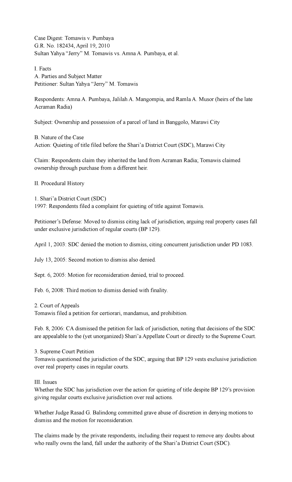 Case Digest: Tomawis v. Pumbaya G.R. No. 182434 (2010) Analysis - Studocu