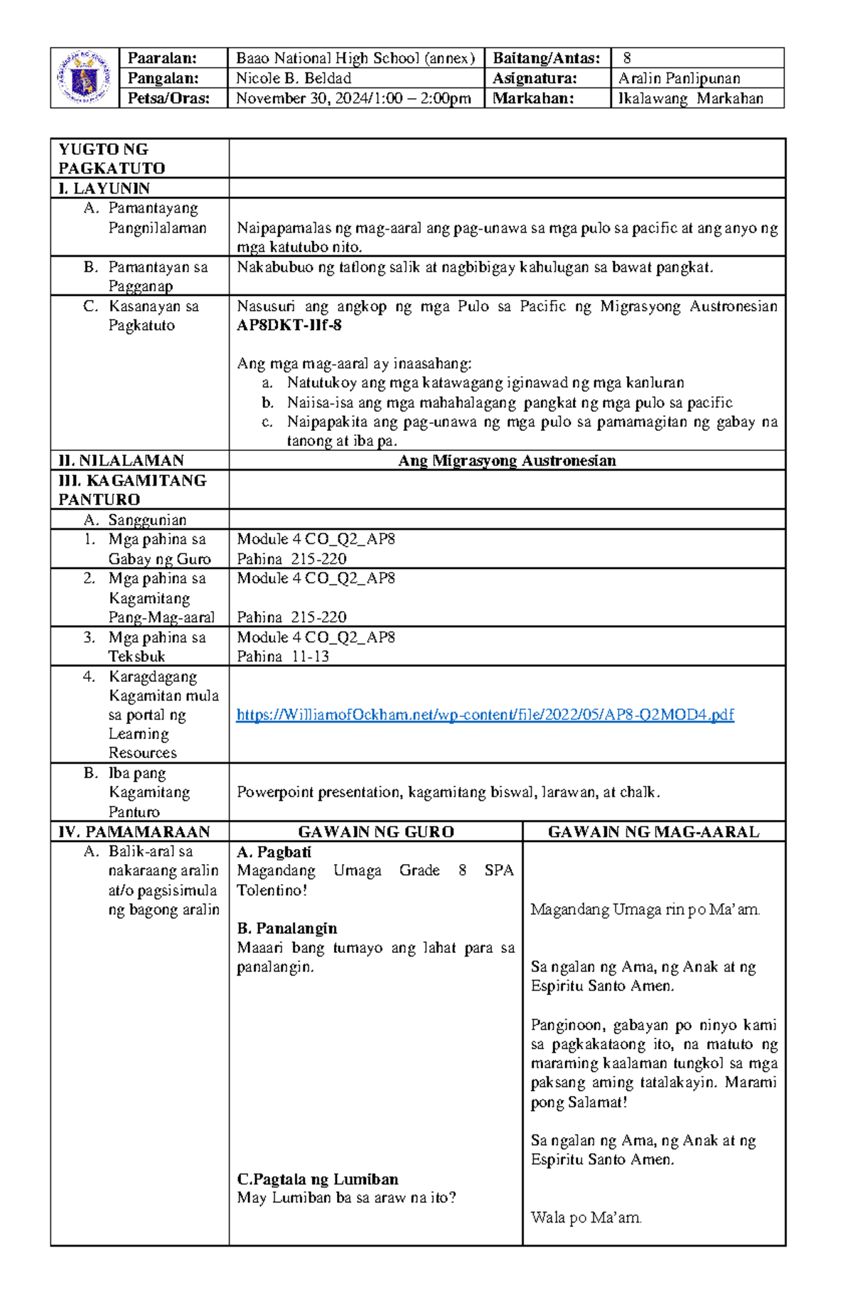 Lesson Plan COT2 - Mga Pulo sa Pacific at Migrasyong Austronesian - Studocu