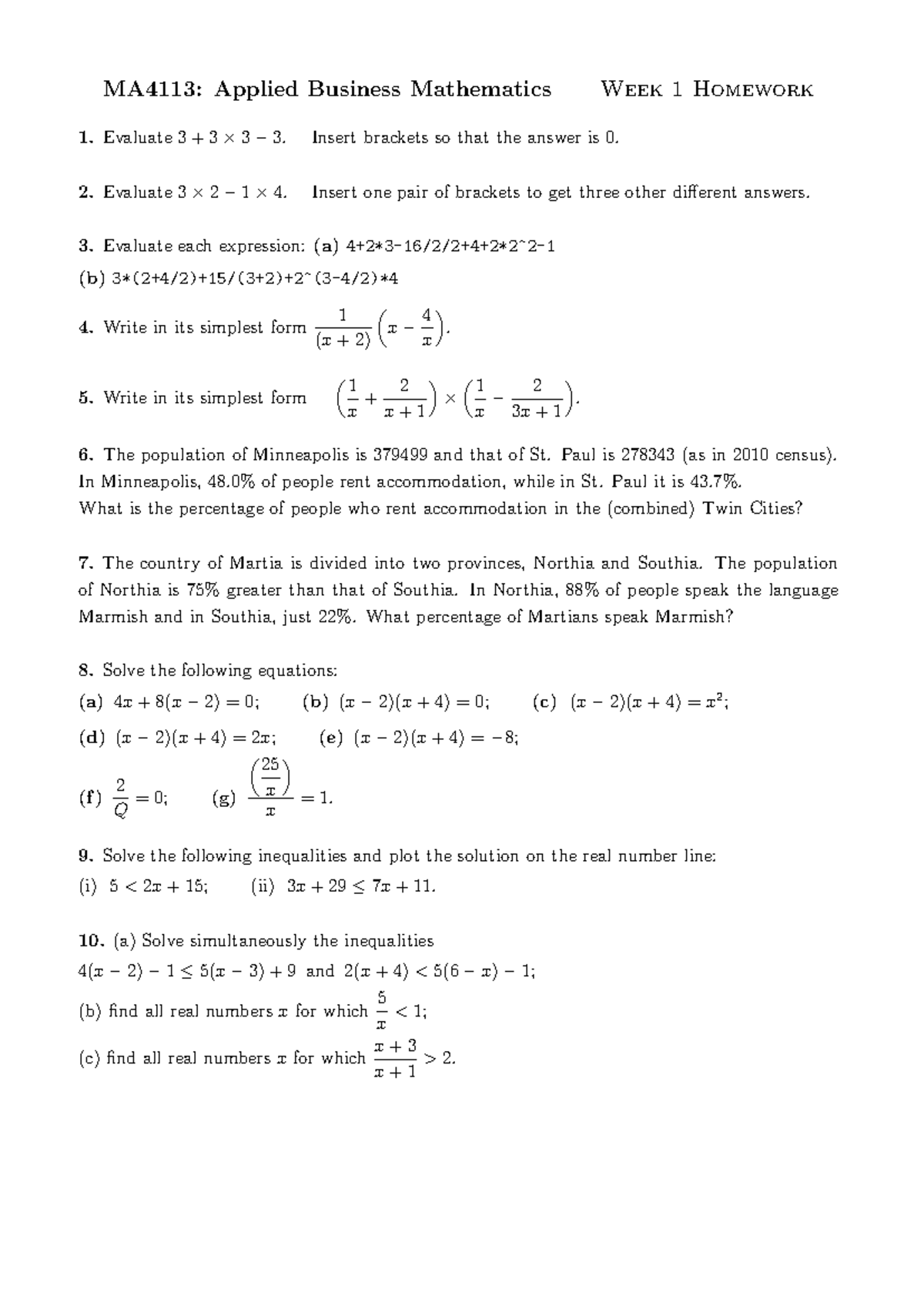 MA4113 Week 1 Homework: Applied Business Mathematics Exercises - Studocu