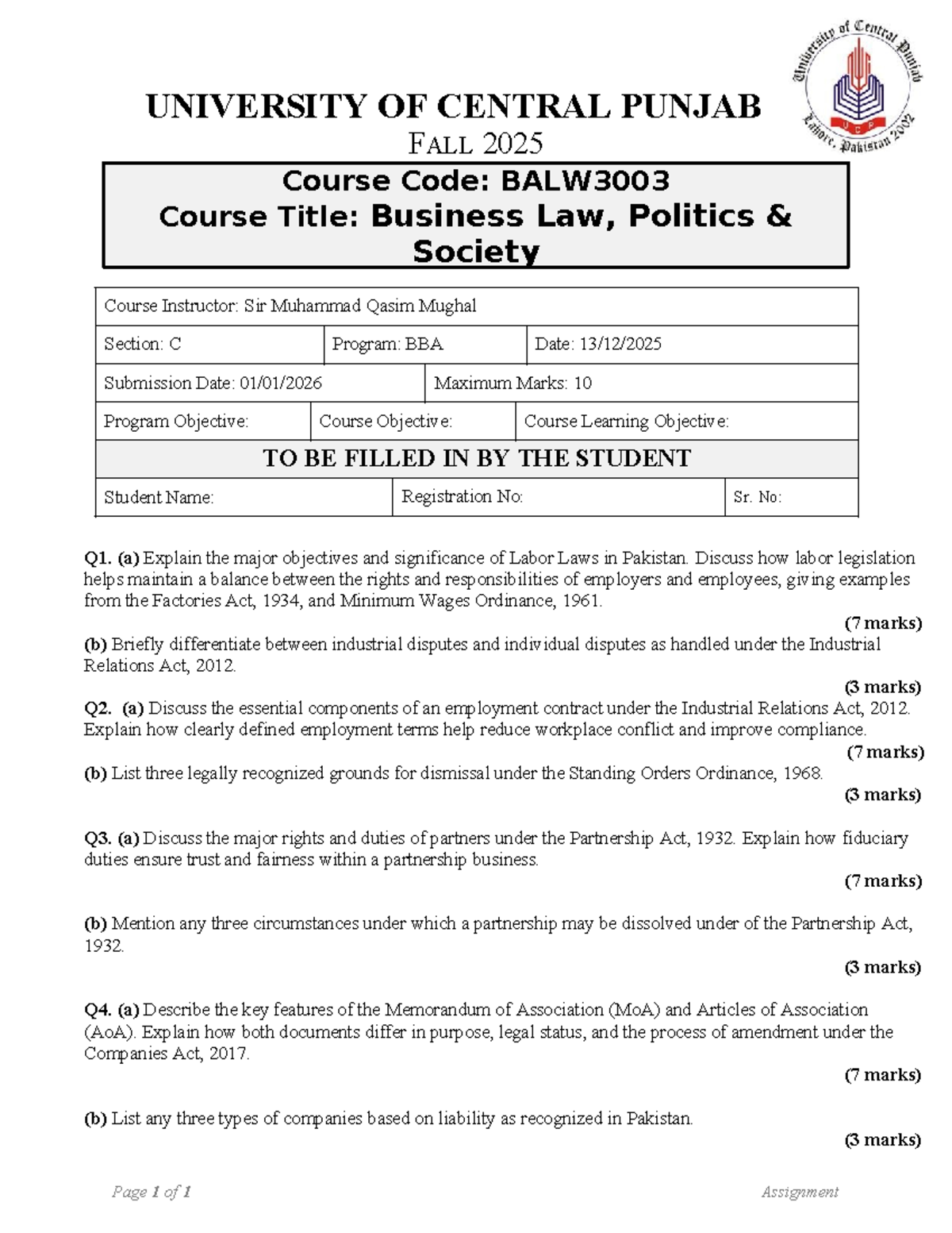BALW3003 Assignment 2: Business Law Insights and Analysis - Studocu