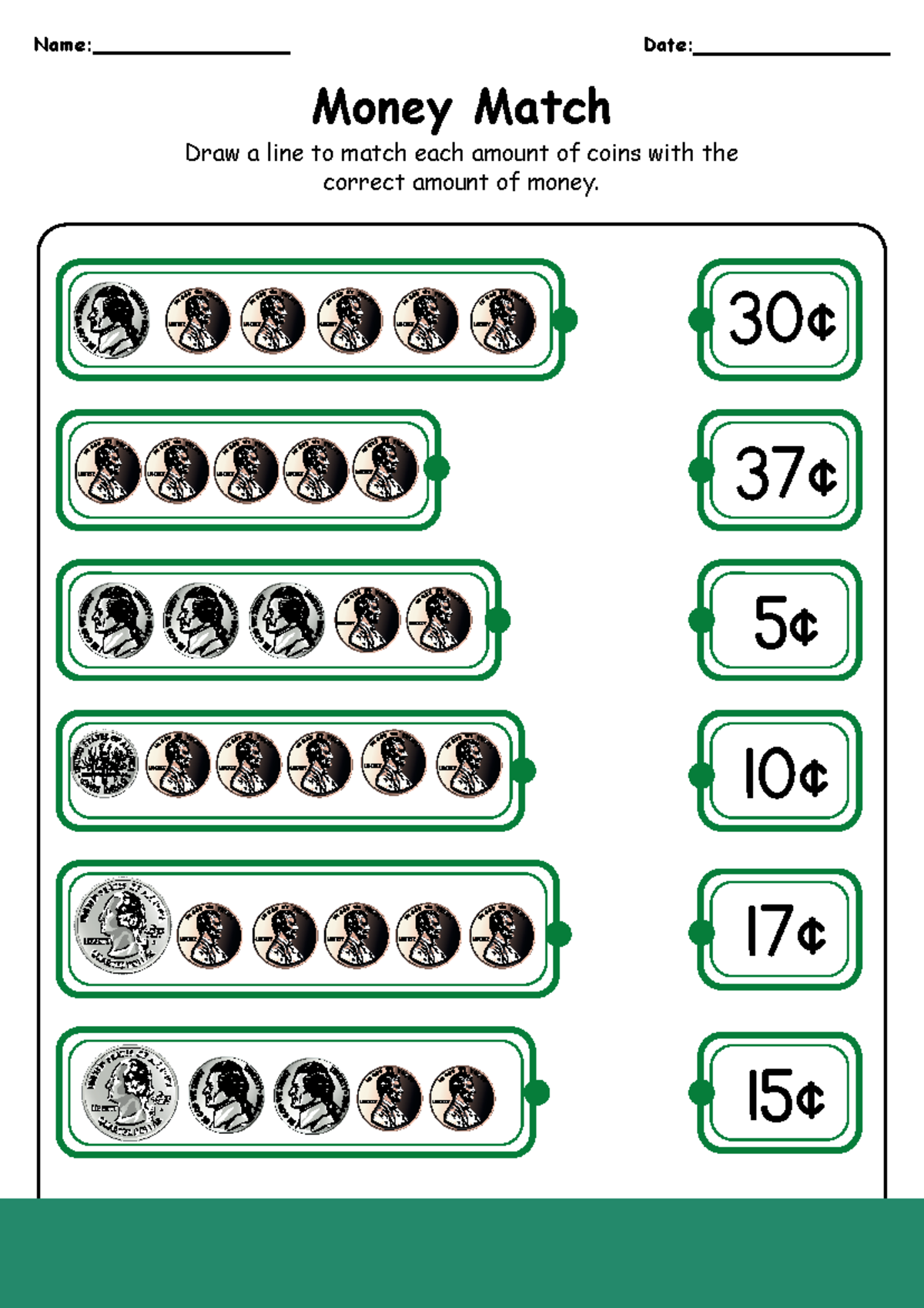 Money Matching - 2nd Grade Worksheet - Name: Date: Money Match Draw a ...