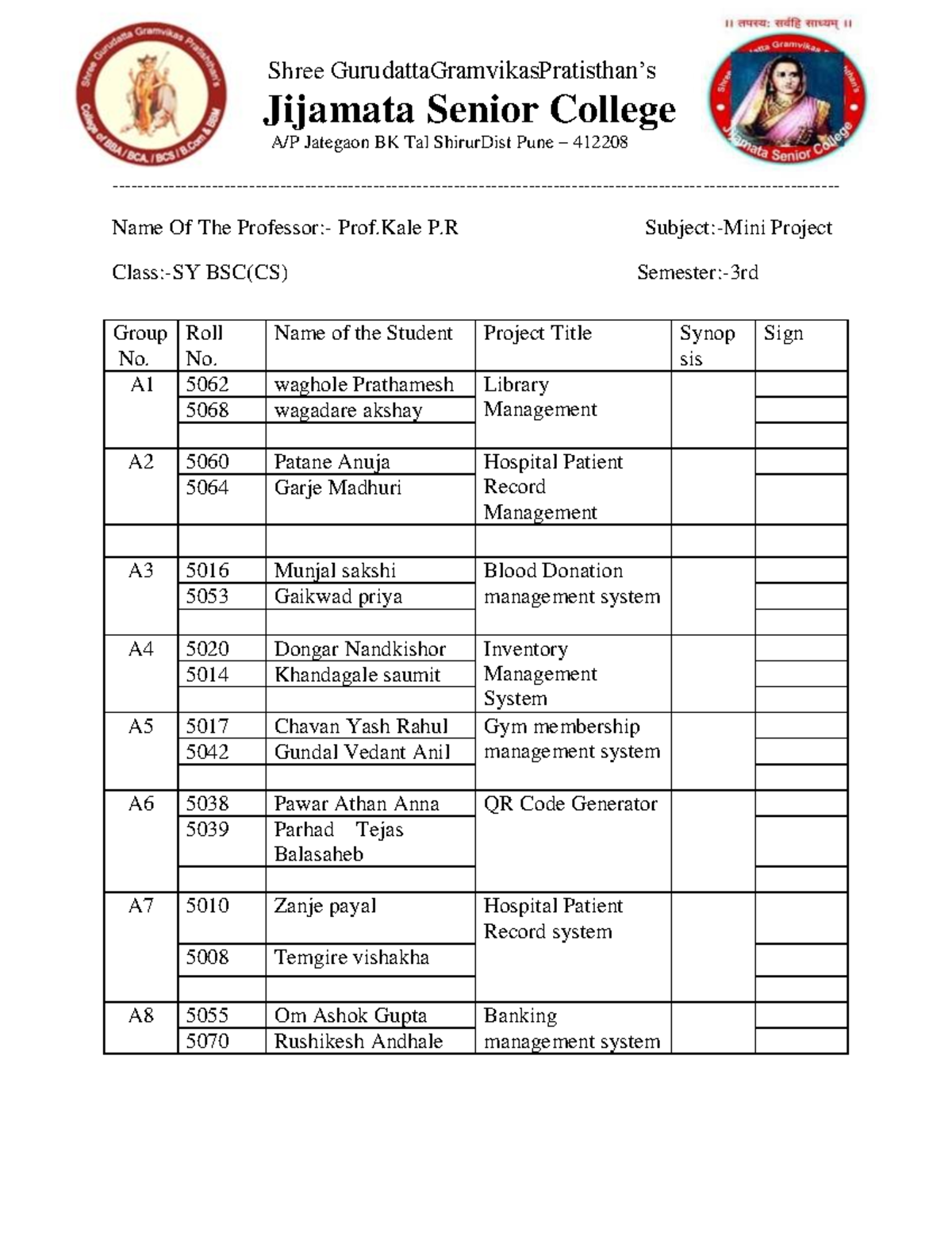 BSC(CS) Project Titles from Shree Jijamata Senior College - Studocu
