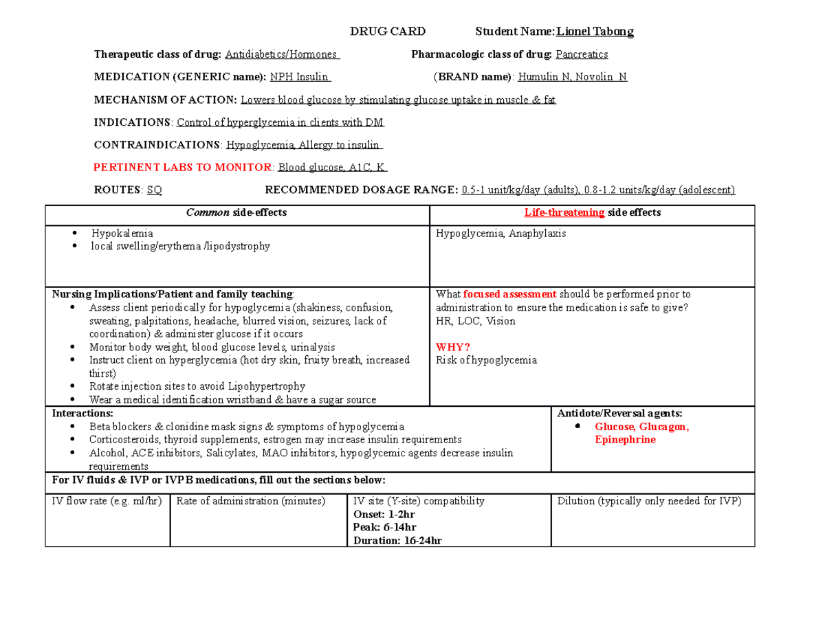 Novolin:NPH Insulin Drug Card - DRUG CARD Student Name:Lionel Tabong ...