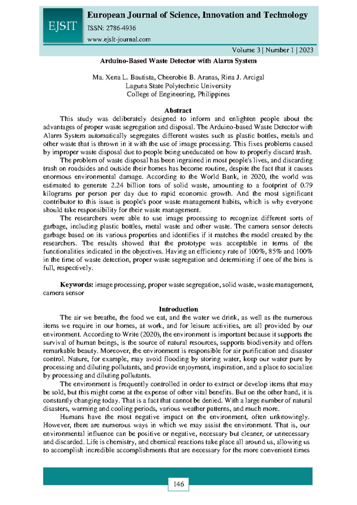 Waste Detector with Alarm System: EJSIT Volume 3, Issue 1, 2023 - Studocu