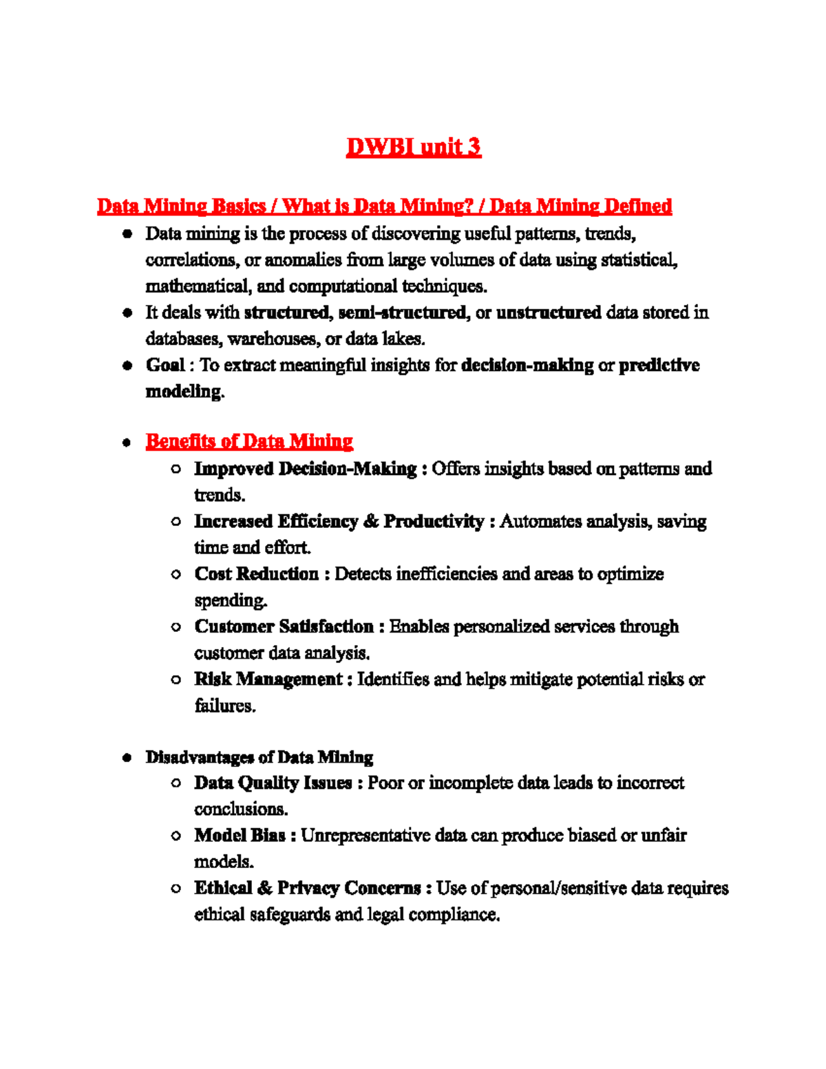 DWBI Unit 3 - Data Mining Basics: Definitions, Benefits, and Techniques ...