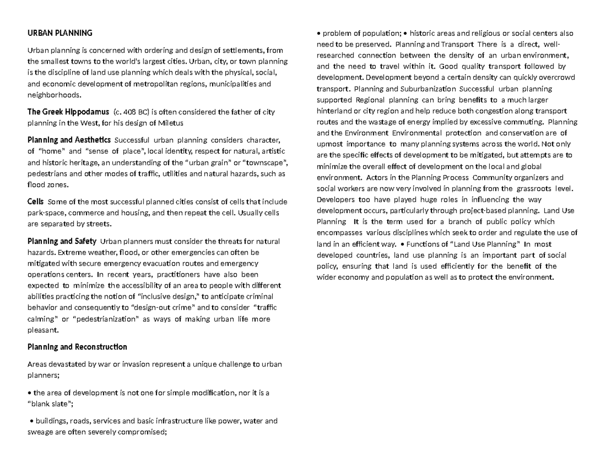 Urban Planning Overview: Key Concepts and Strategies for Success - Studocu