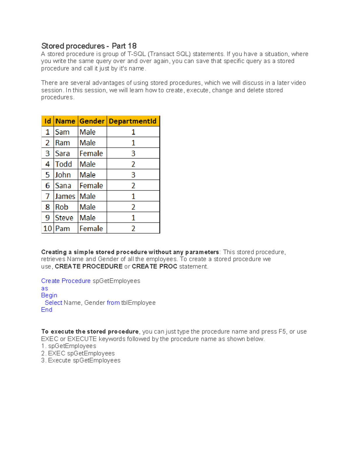 Stored Procedures in SQL Server: Part 18 - Basics and Examples - Studocu