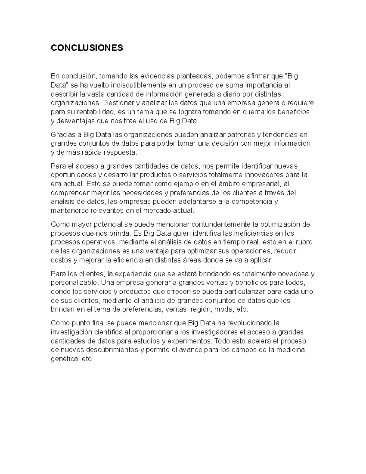 Conclusiones sobre Big Data y su impacto en las organizaciones - Studocu