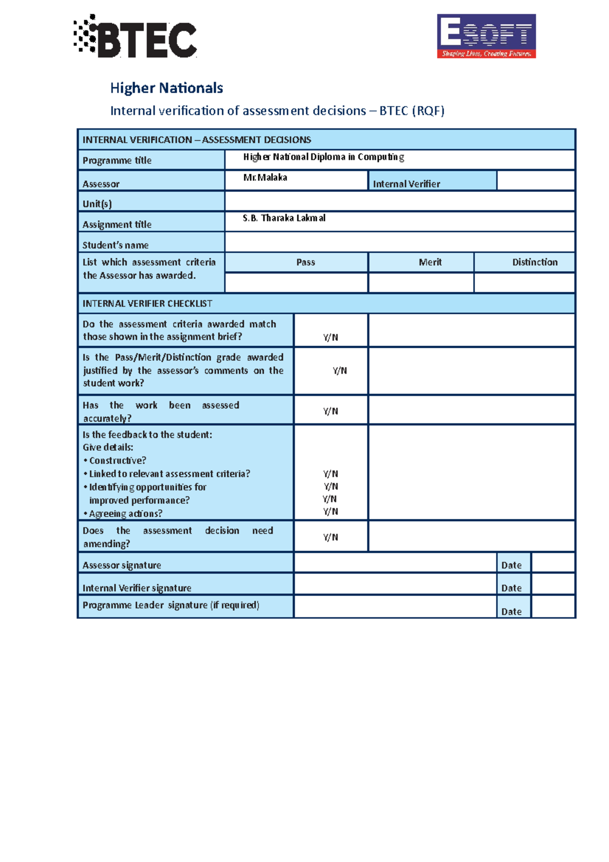 Programming - Complete Assignment - Higher Nationals Internal verification of assessment ...
