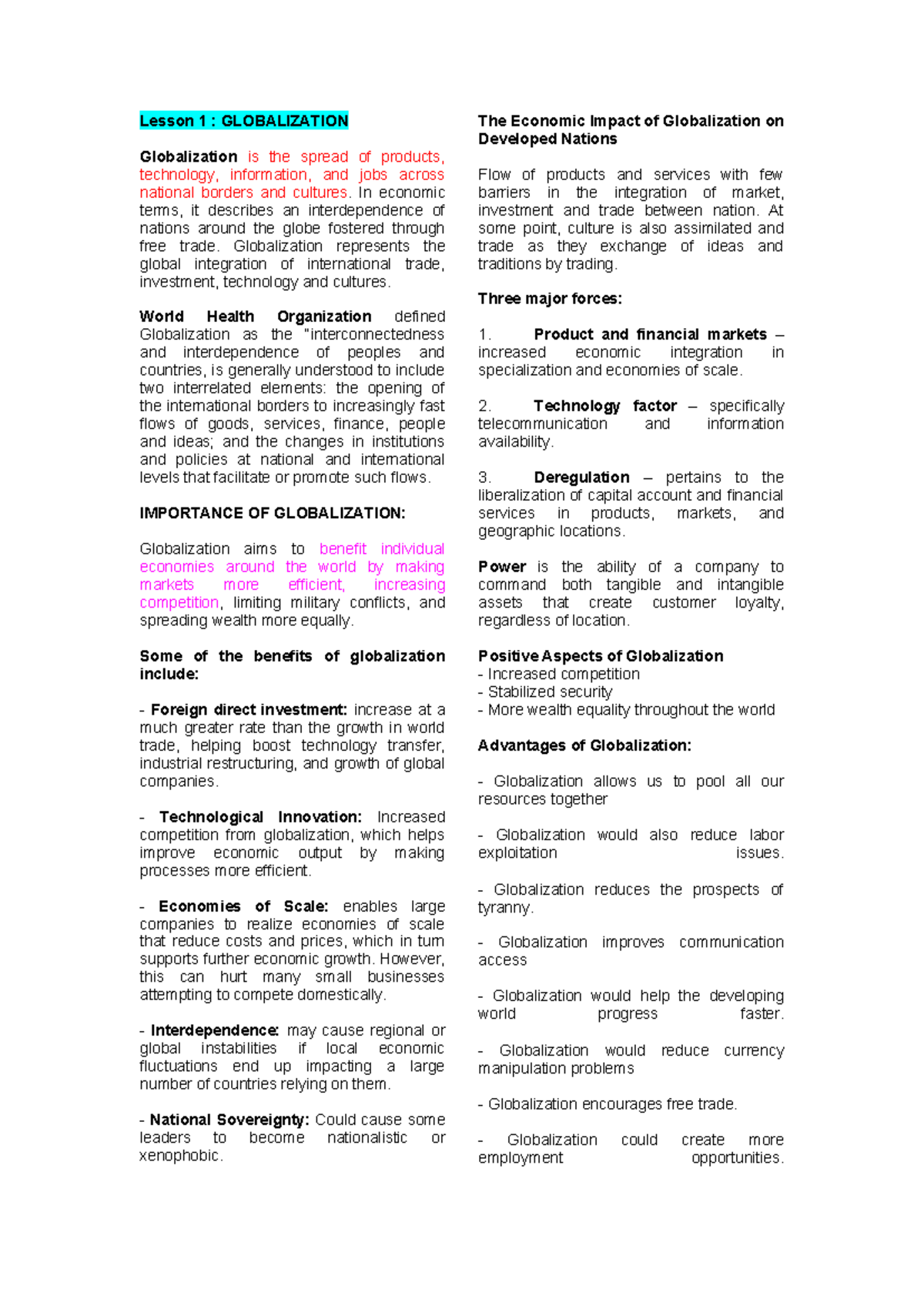 Lesson 1: Globalization and its economic impacts on nations - Studocu