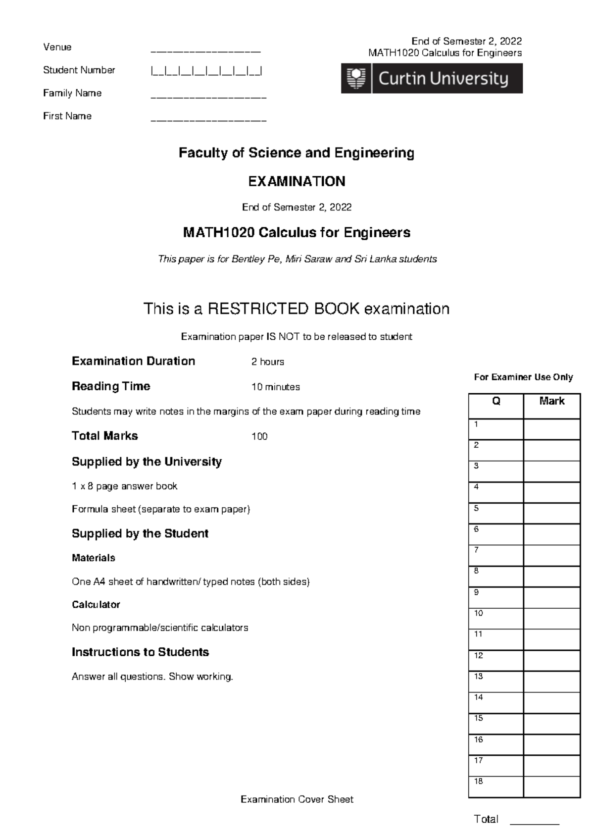MATH1020 End of Semester 2, 2022 Calculus for Engineers Exam - Studocu
