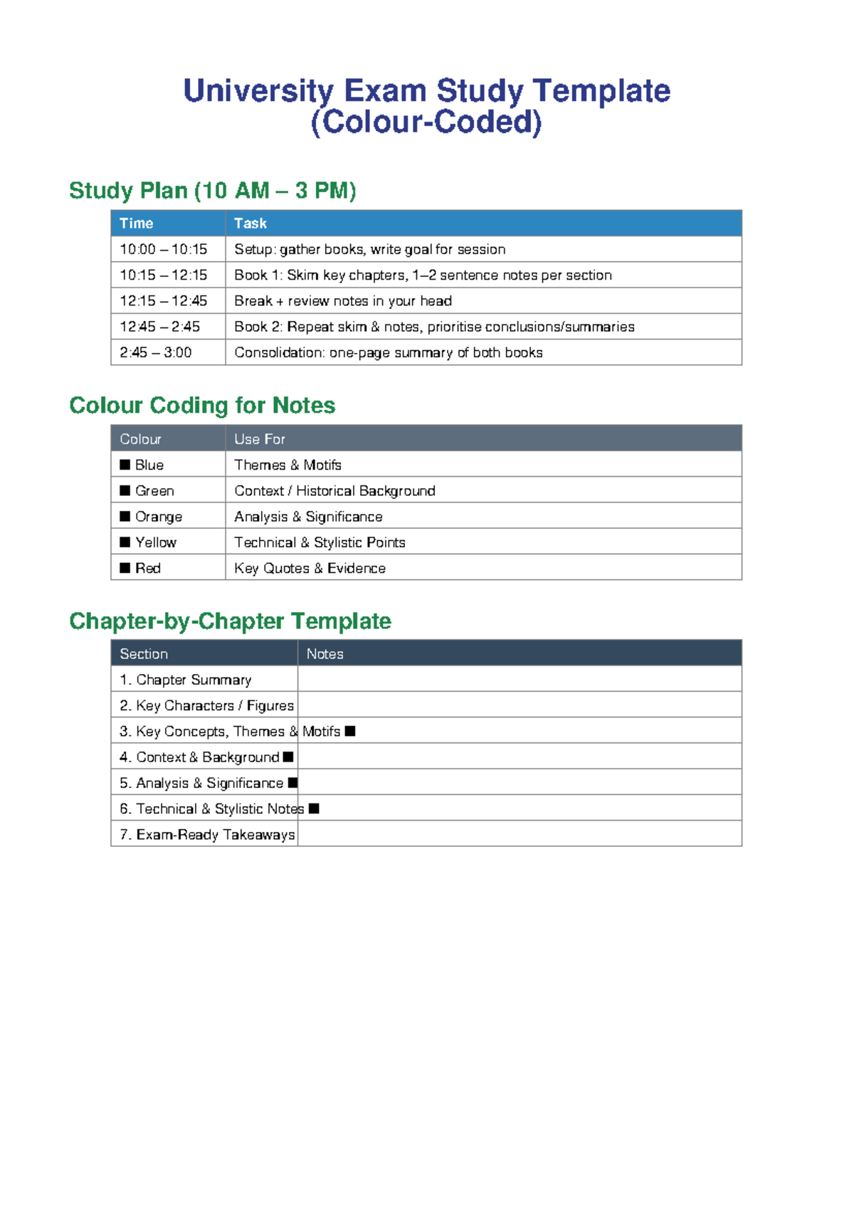 University Exam Study Template: Colour Coded Plan (10 AM - 3 PM) - Studocu