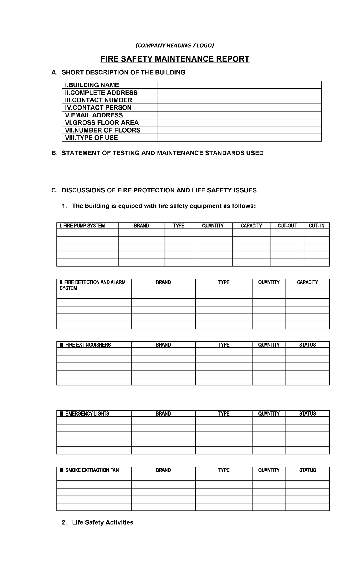 FIRE SAFETY MAINTENANCE REPORT TEMPLATE - FSR 101 - Studocu