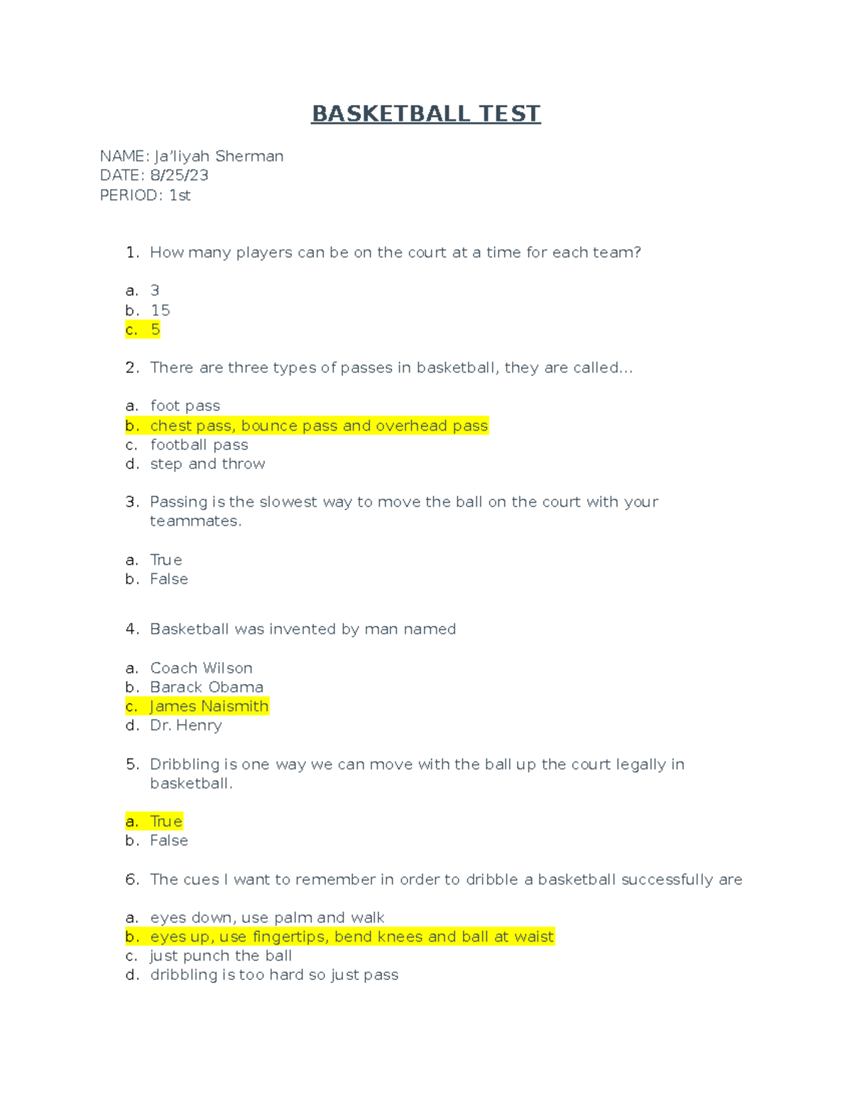 Basketball Test Quiz - Fundamentals & Rules Assessment - Studocu