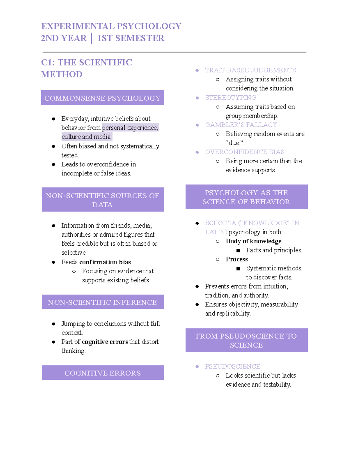 Experimental Psychology: 2nd Year 1st Semester Overview and Key ...