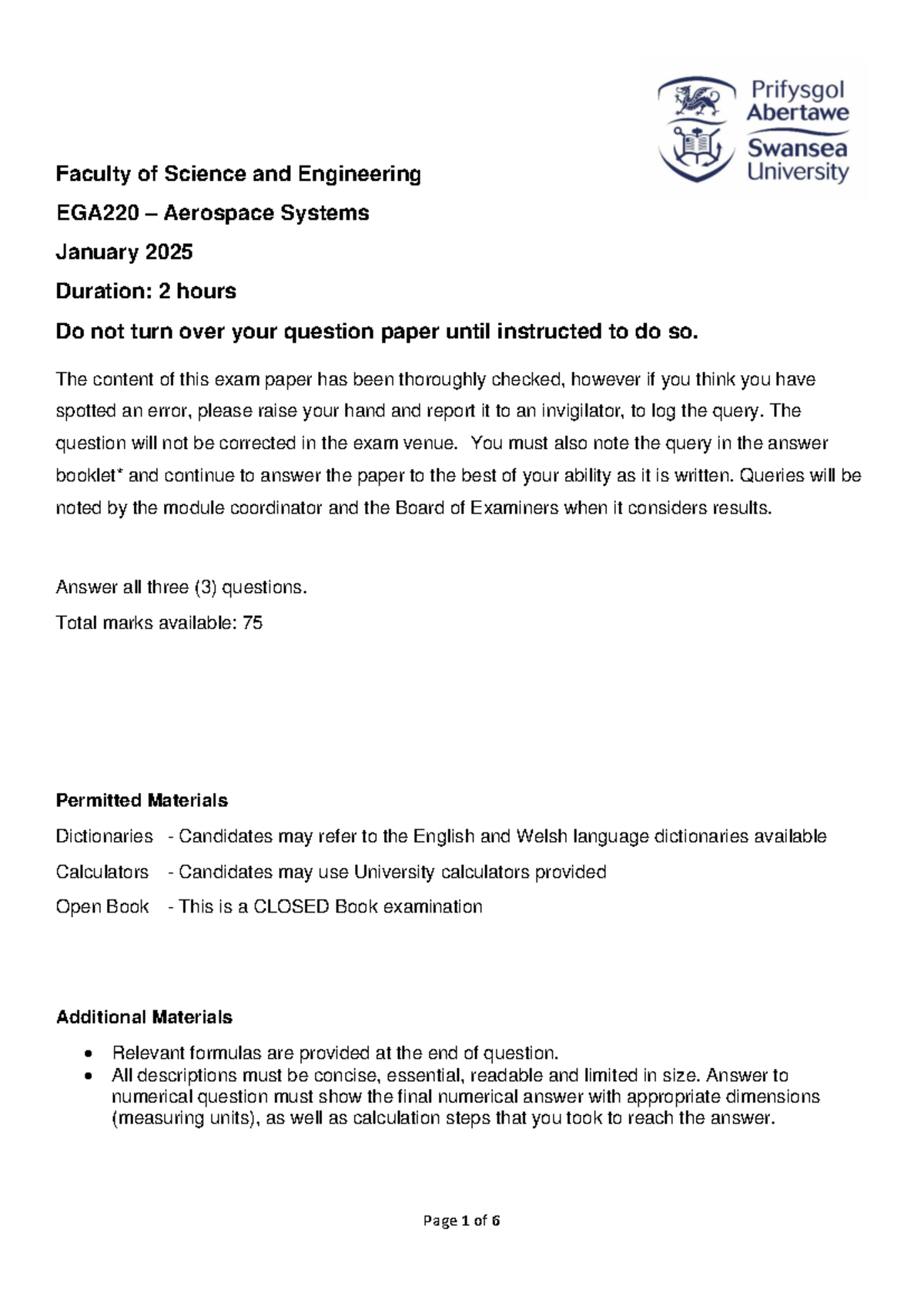 EGA220 Aerospace Systems Exam Paper January 2025 - Studocu