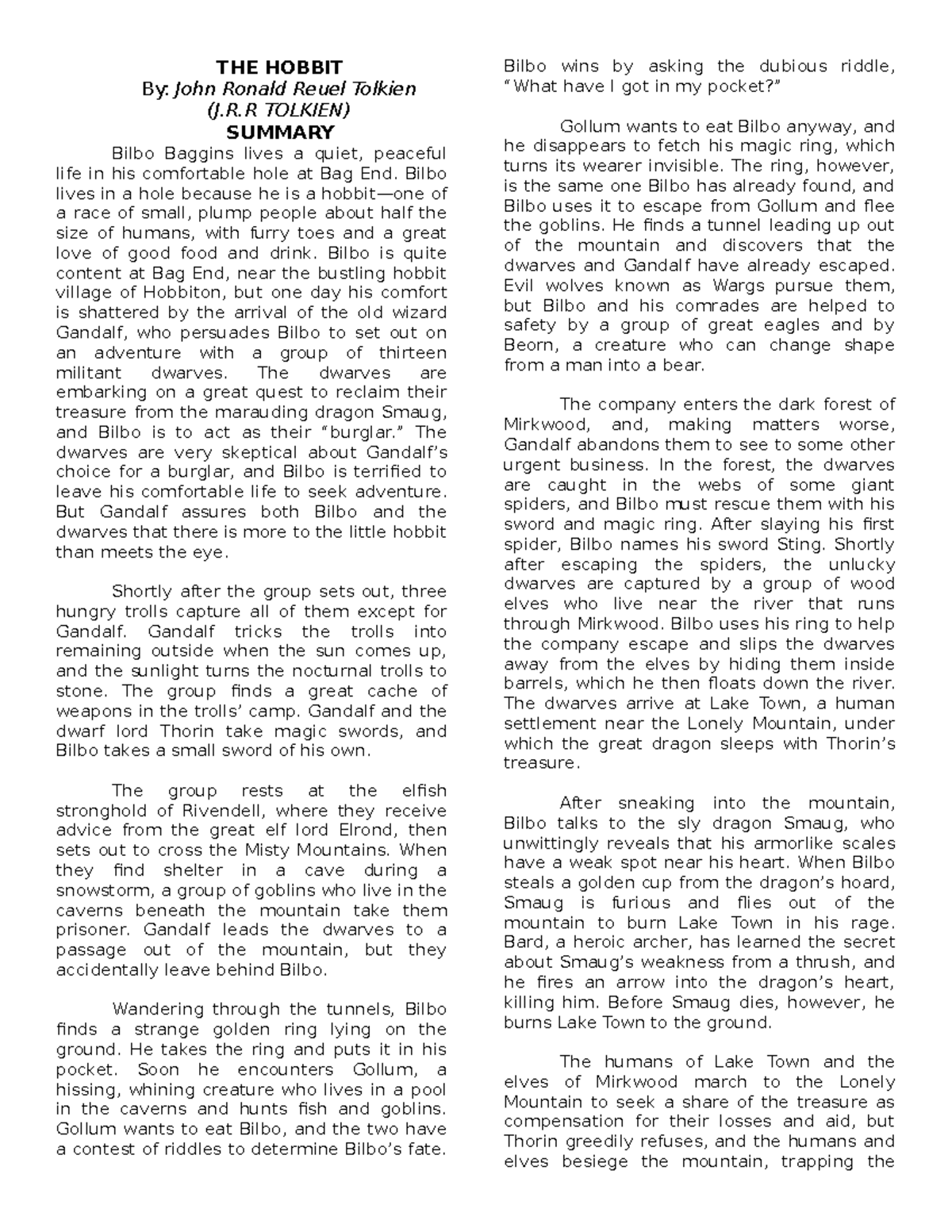 20. THE HOBBIT: Summary and Character Analysis of J.R.R. Tolkien's Work - Studocu