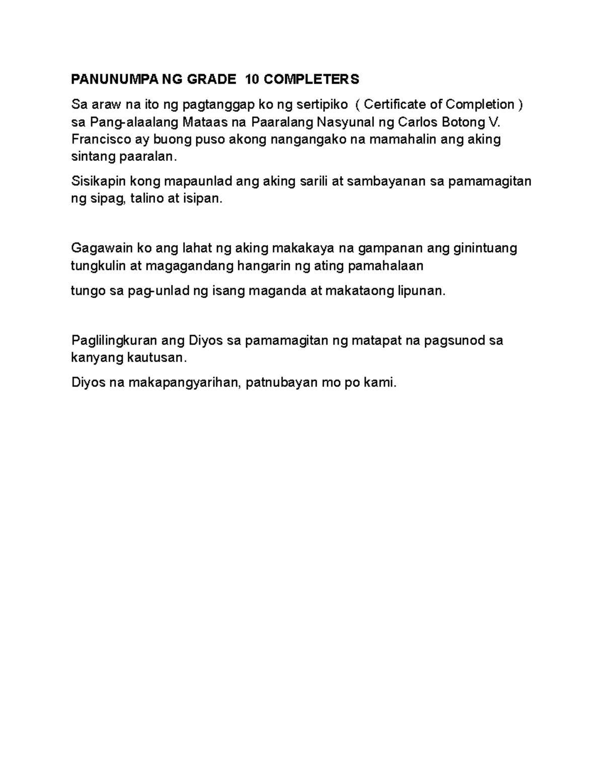 Panunumpa ng g10 completers - PANUNUMPA NG GRADE 10 COMPLETERS Sa araw ...