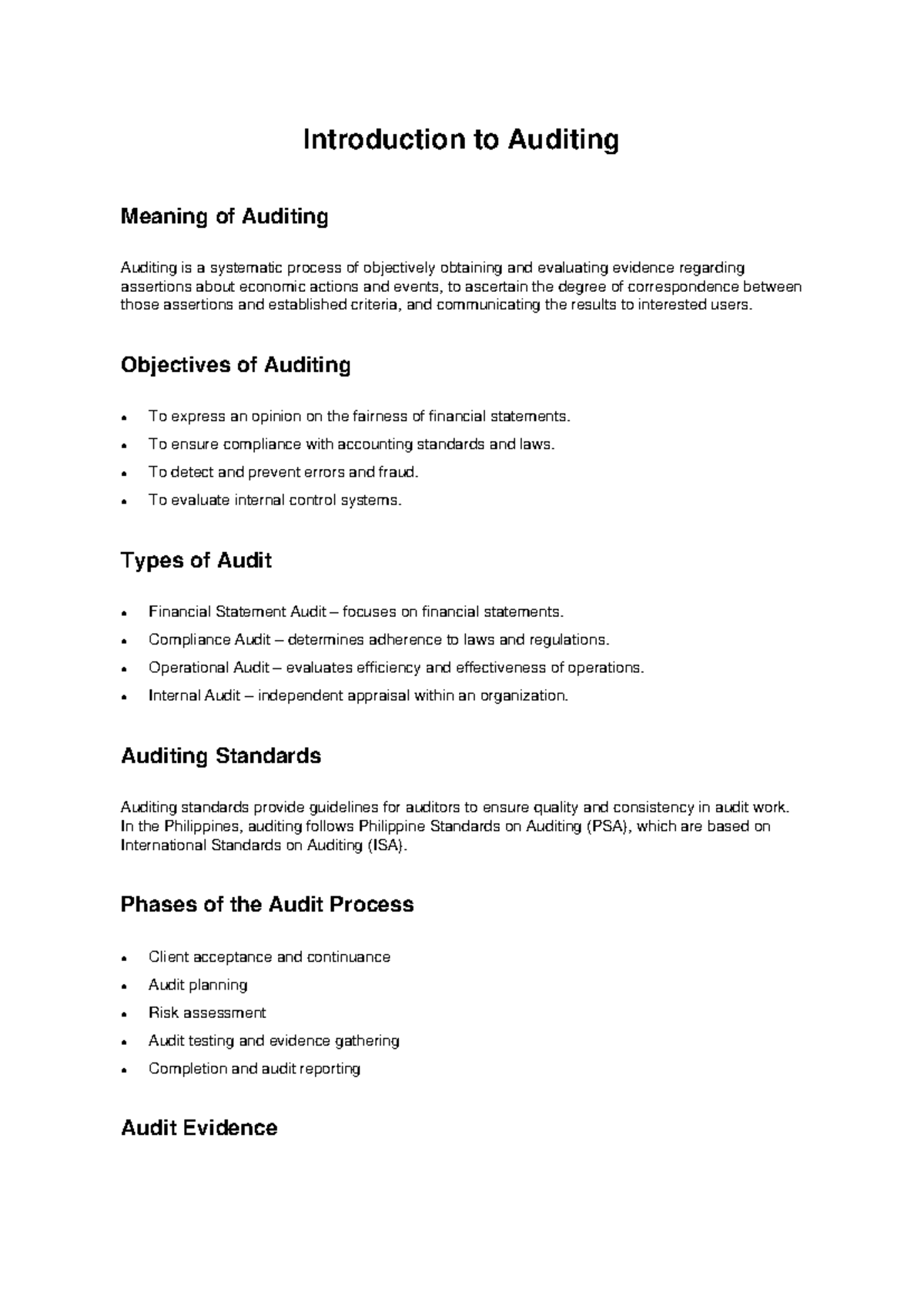 Introduction to Auditing: Key Concepts and Objectives - Studocu