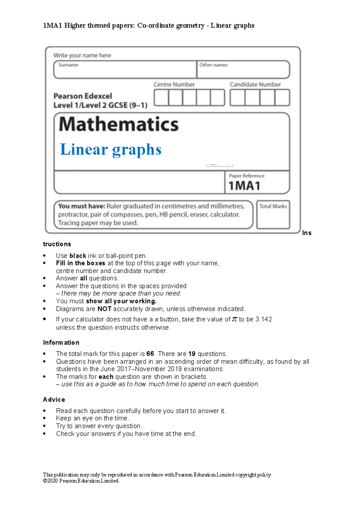 1MA1 Higher Coordinate Geometry: Linear Graphs Question Paper - Studocu