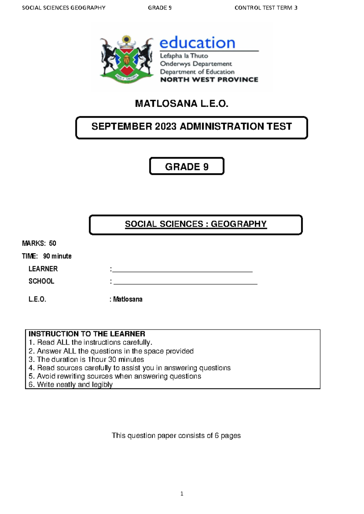 GR. 9 Geography TERM 3 Admin. TEST September 2023 - Studocu
