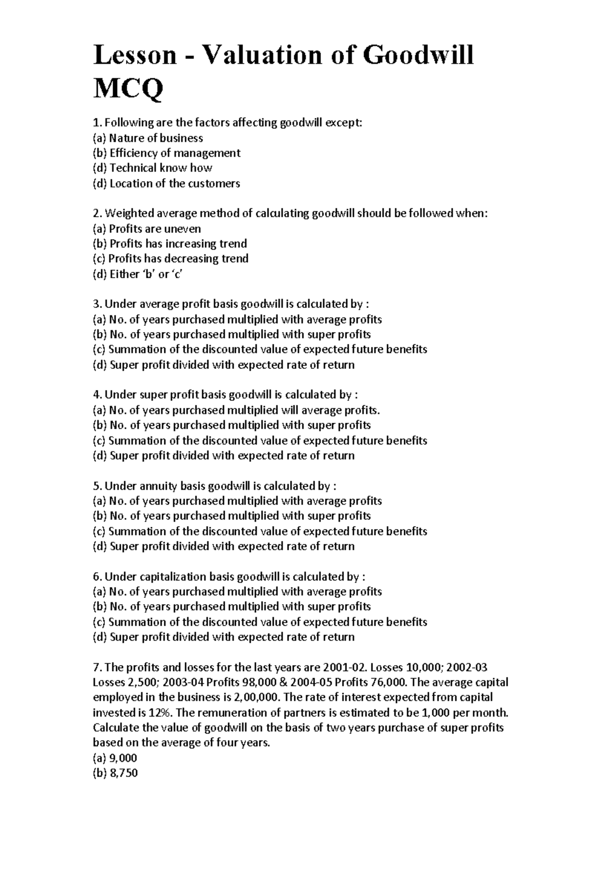 MCQ on Goodwill Valuation Methods - Accounting 101 - Studocu
