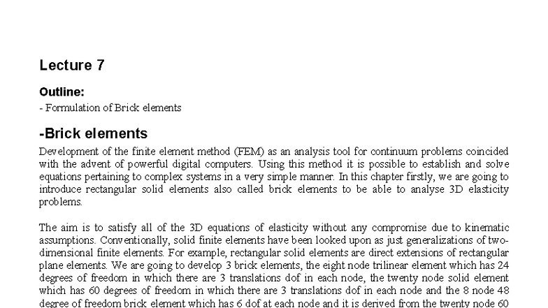 Lecture 7: Formulation of Brick Elements in FEM Analysis - Studocu