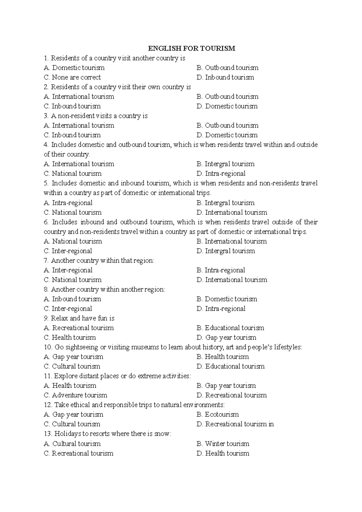 English FOR Tourism - TADL - ENGLISH FOR TOURISM Residents of a country ...