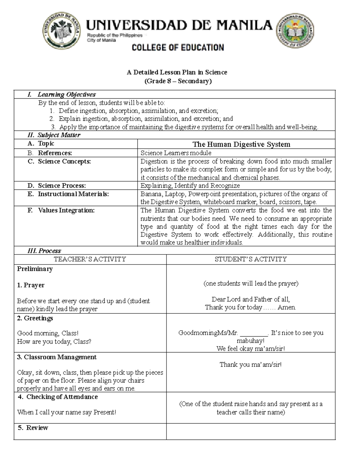Detailed Lesson Plan: Human Digestive System (Grade 8 Science) - Studocu