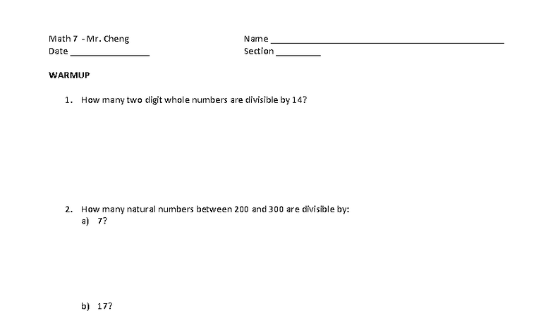 Math 7 Mr. Cheng - Day 5 Divisibility Problems Warmup - Studocu