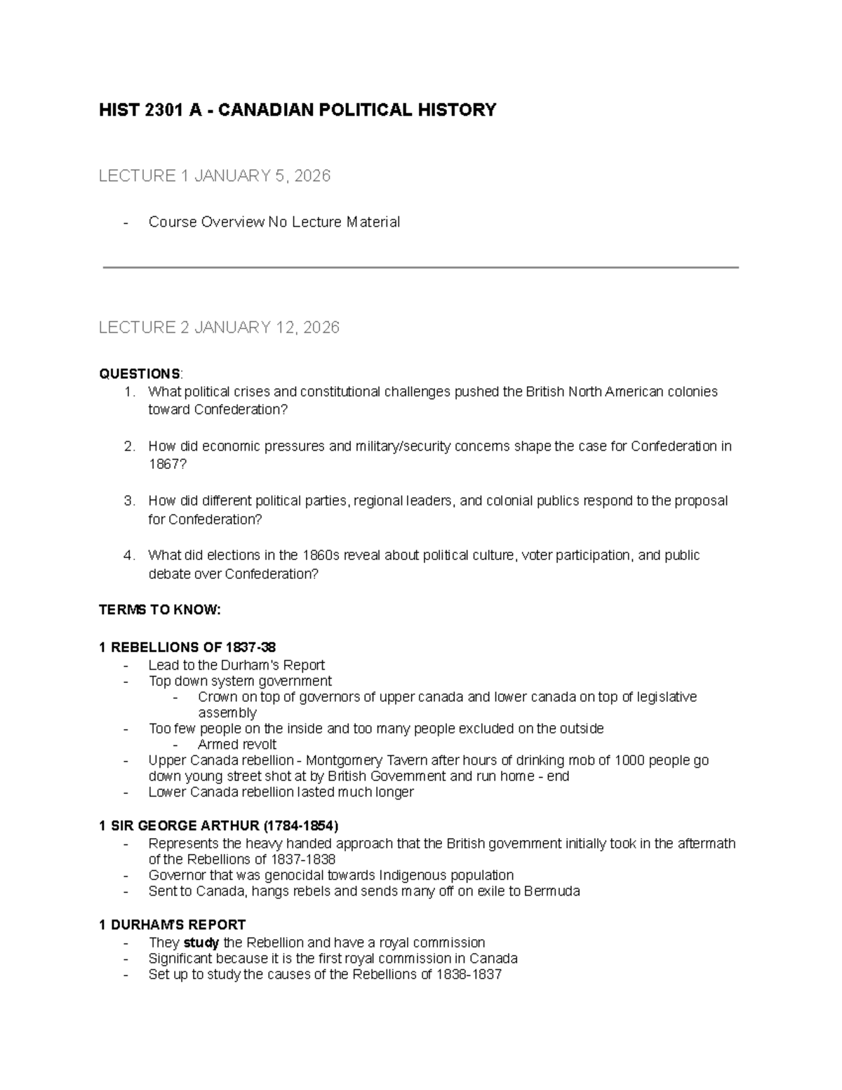 HIST 2301 A - Canadian Political History Lecture Notes and Overview ...