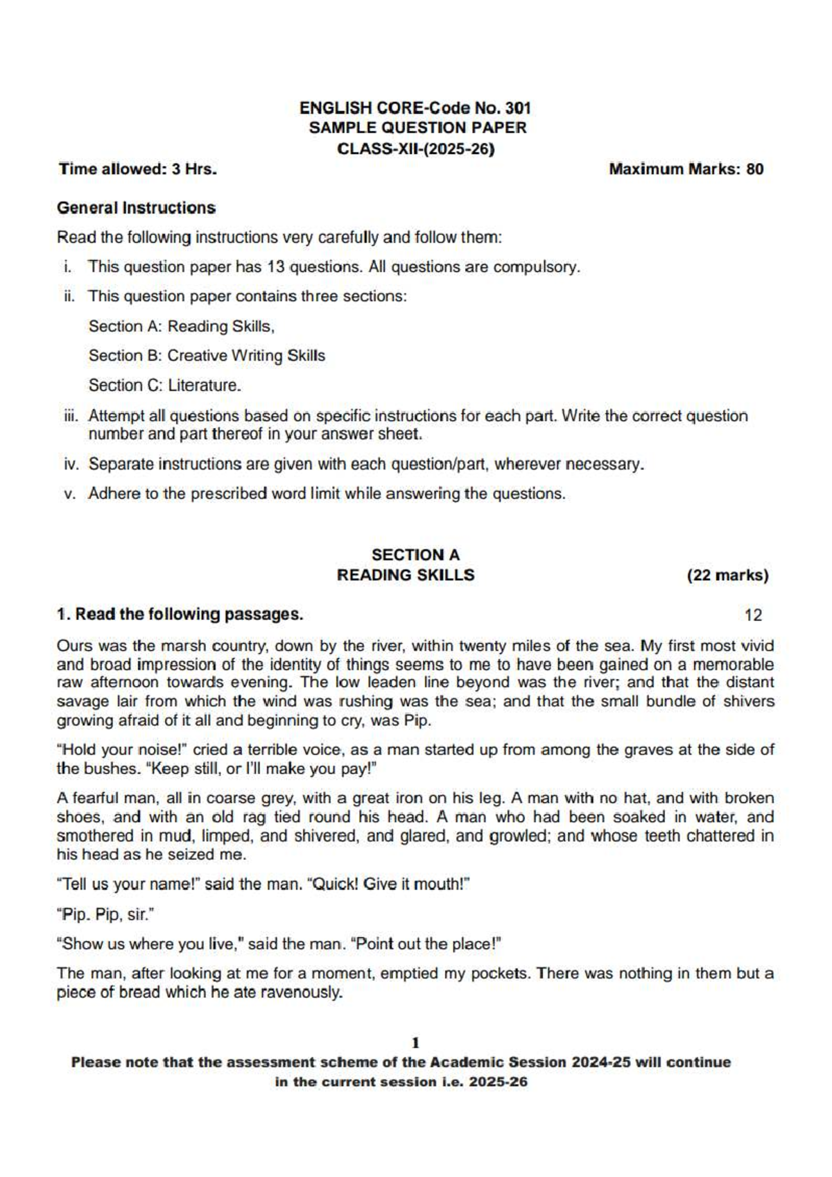 CBSE English No. 301 Sample Question Paper 2025-26 - Studocu