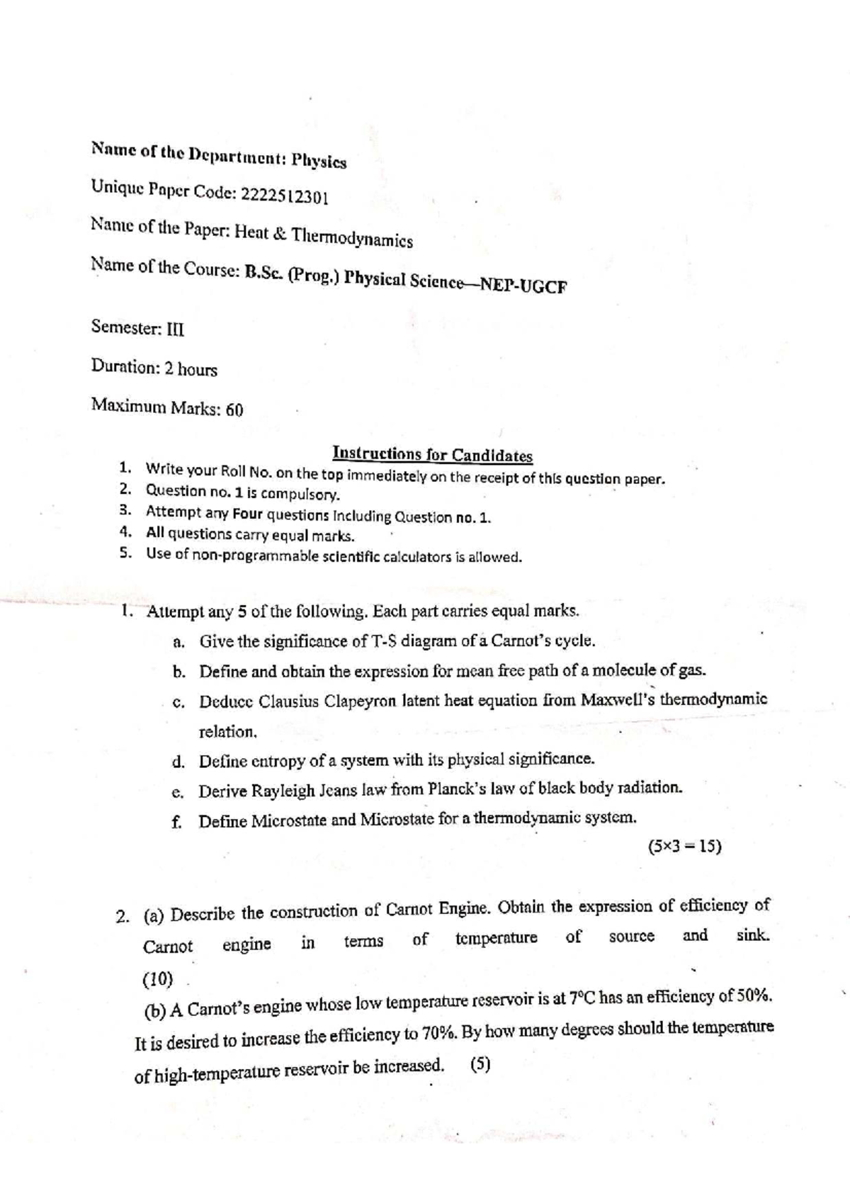 Heat and Thermodynamics Sem 3 PYQ B.Sc. (Prog.) - Studocu