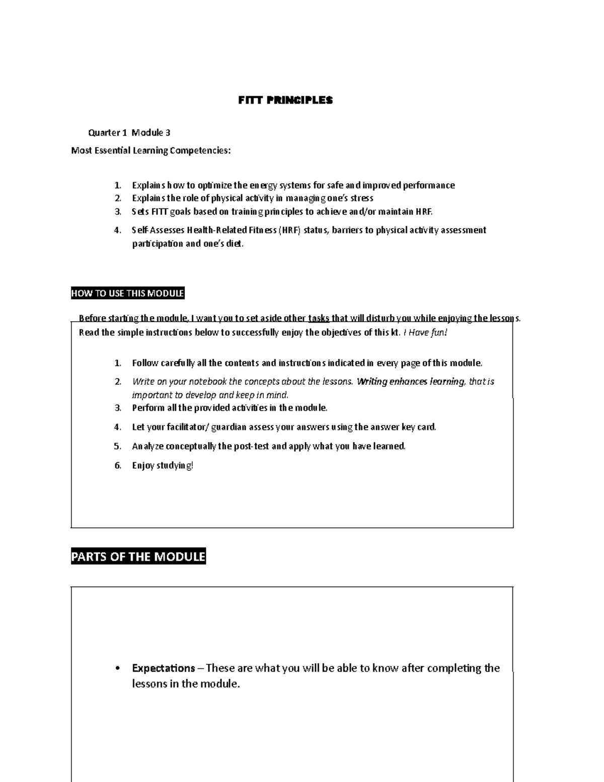 Module 3 FITT HOPE 3 PE-AND- Health - FITT PRINCIPLES Quarter 1 Module ...