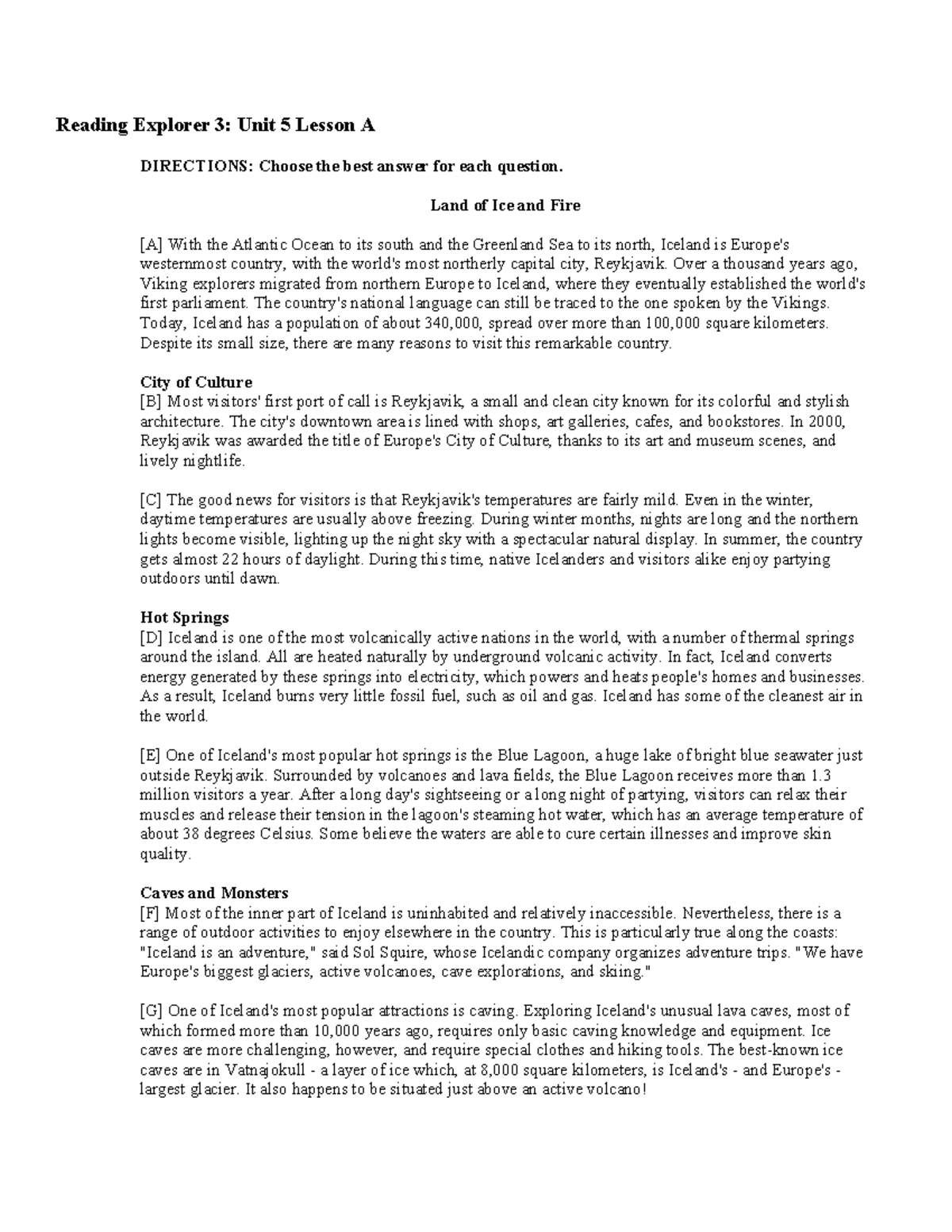 Reading Explorer 3: Unit 5 Lesson A - Exploring Iceland's Unique ...