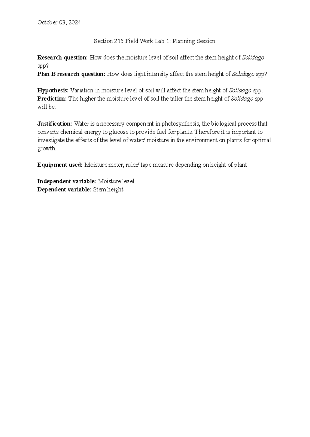 Qingrong Gao Week 1 Fieldwork - October 03, 2024 Section 215 Field Work ...
