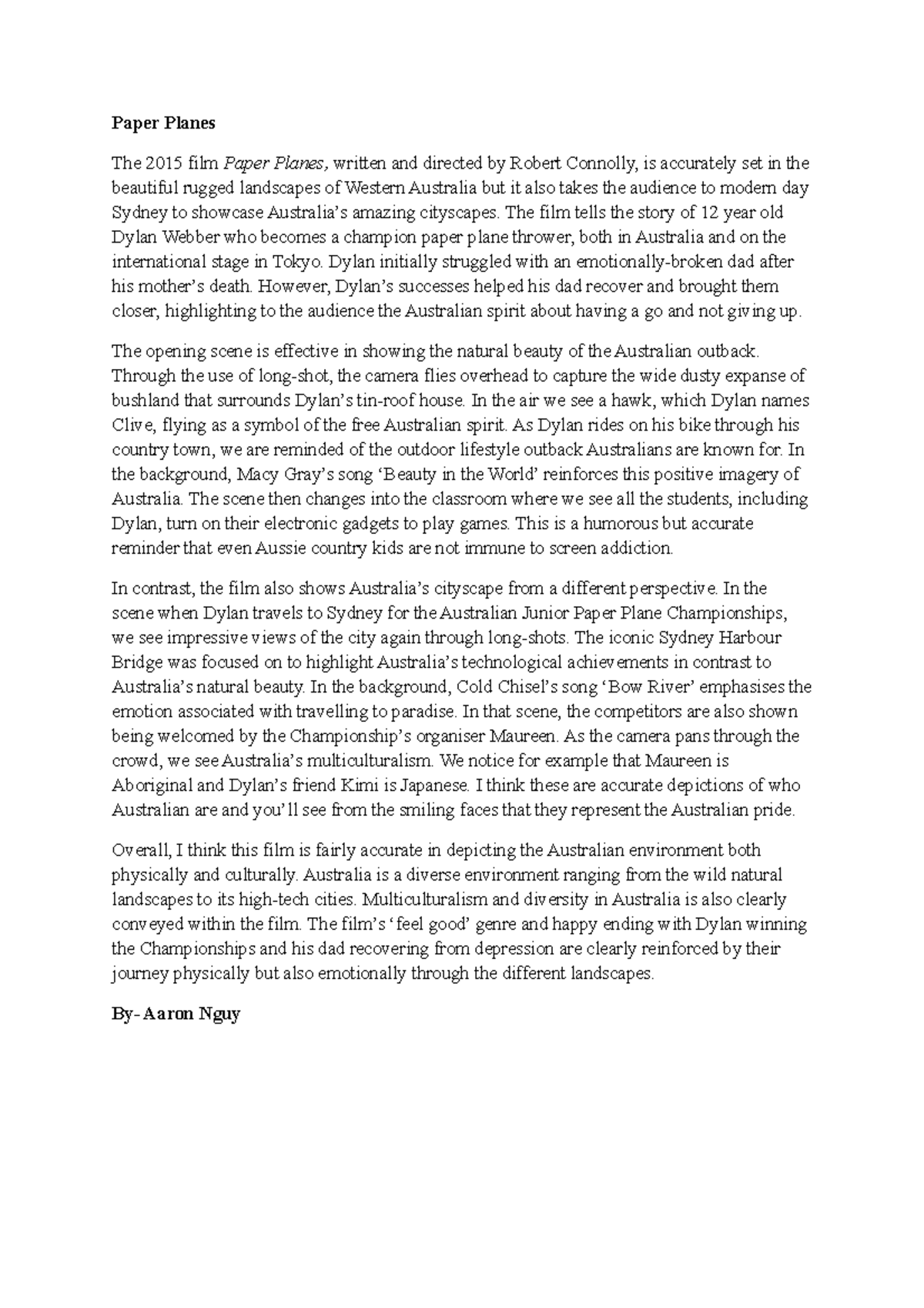 ENG 101 Essay Notes: Analysis of the Film 'Paper Planes' - Studocu