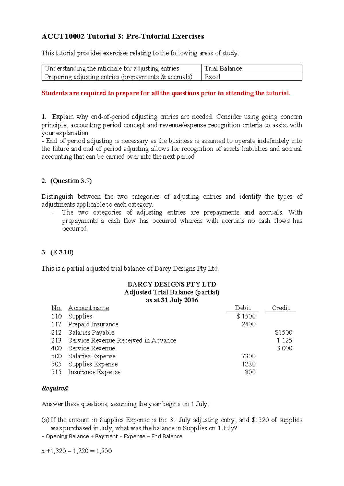 ACCT10002 Tutorial 3: Pre-Tutorial Exercises on Adjusting Entries - Studocu