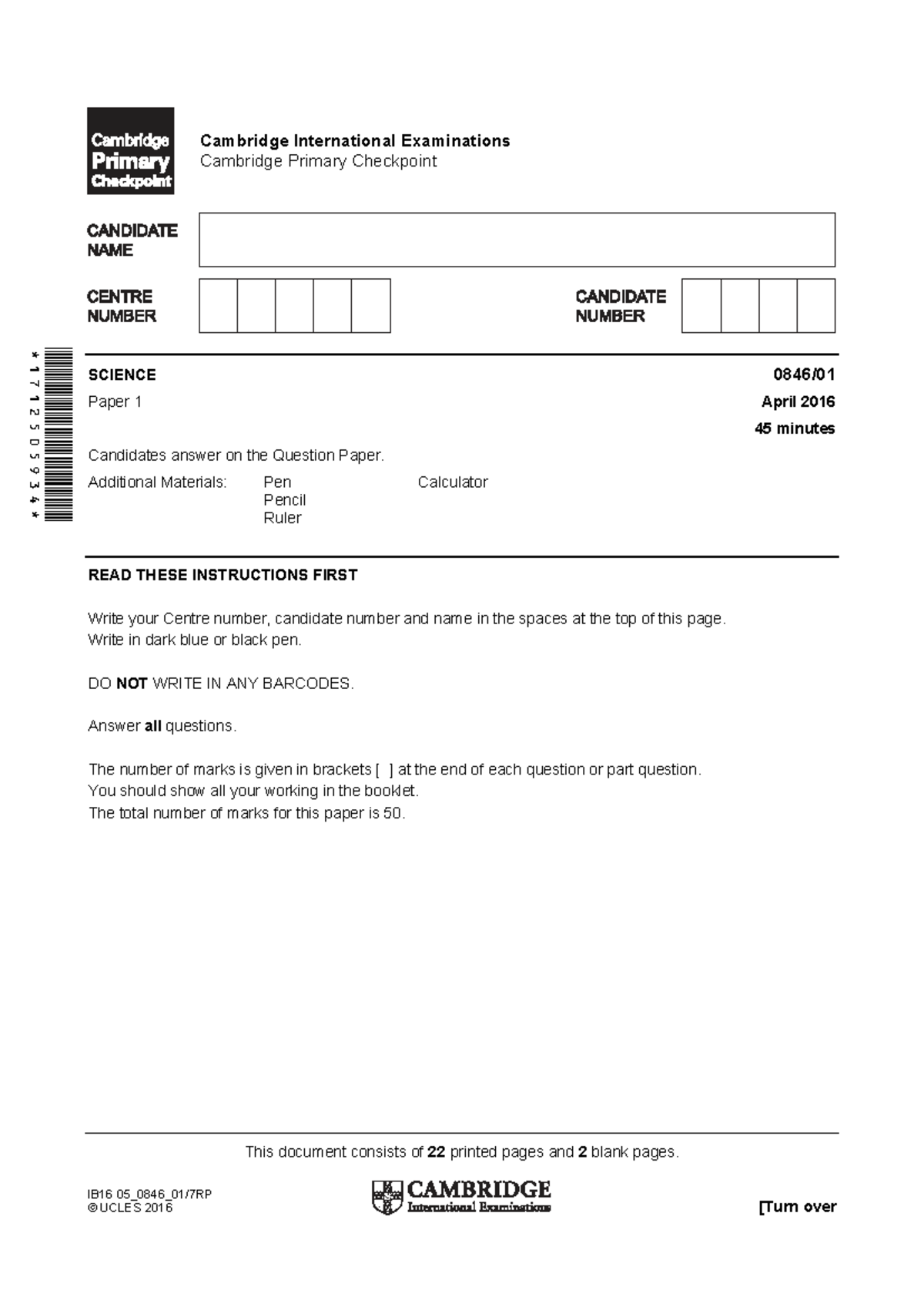 Primary Checkpoint Science 0846 April 2016 Paper 1 Exam - Studocu