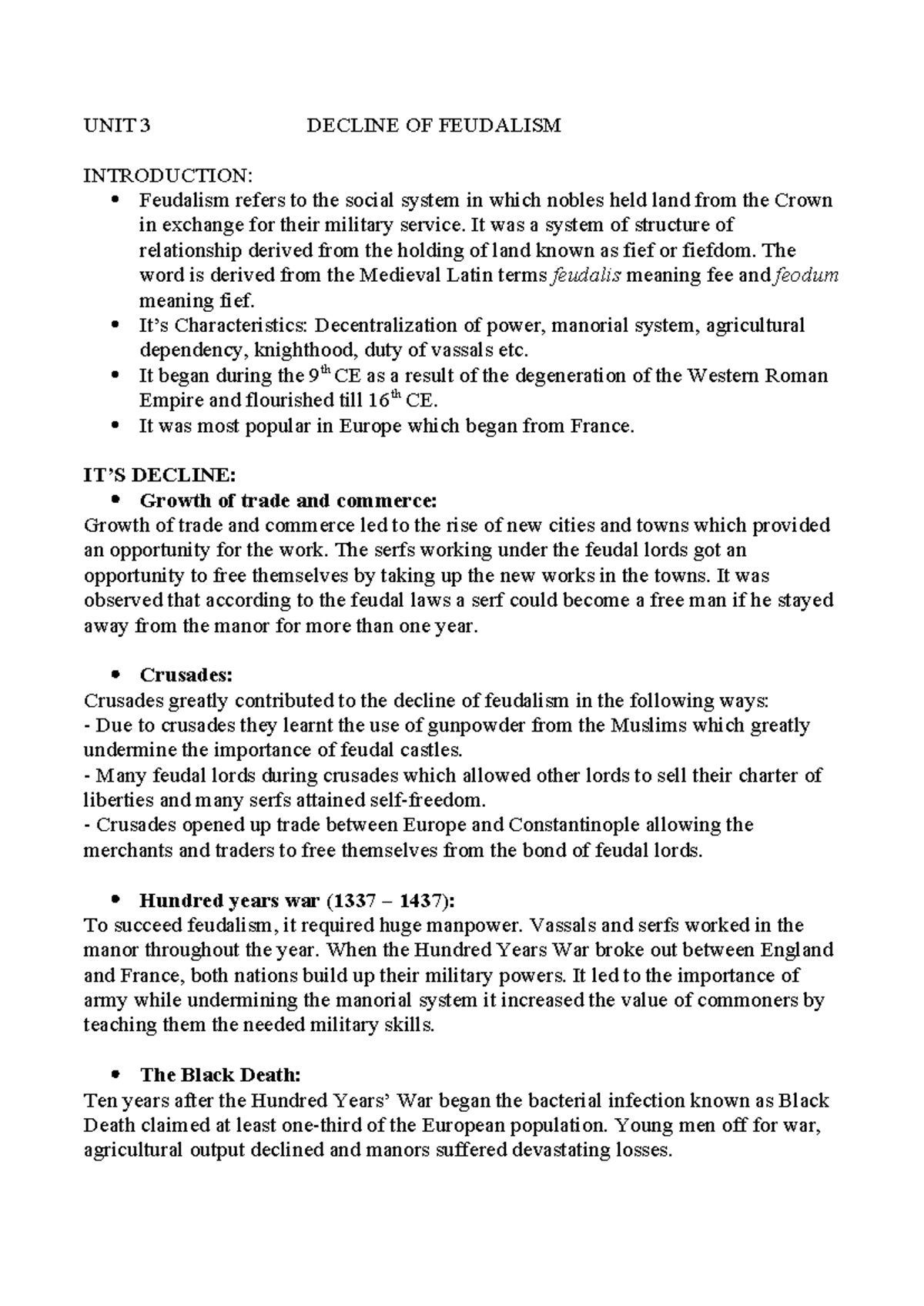 UNIT 3: Decline of Feudalism - Key Factors and Effects - Studocu