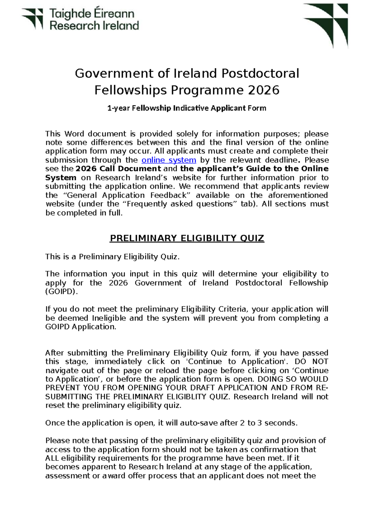 Government of Ireland Postdoctoral Fellowship 2026: Indicative ...