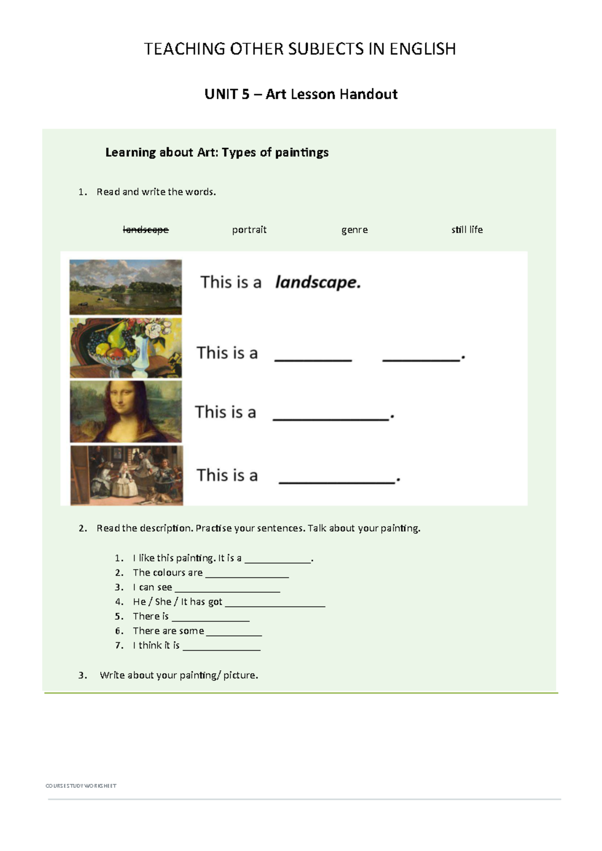 Art Handout - TEACHING OTHER SUBJECTS IN ENGLISH COURSE STUDY WORKSHEET ...
