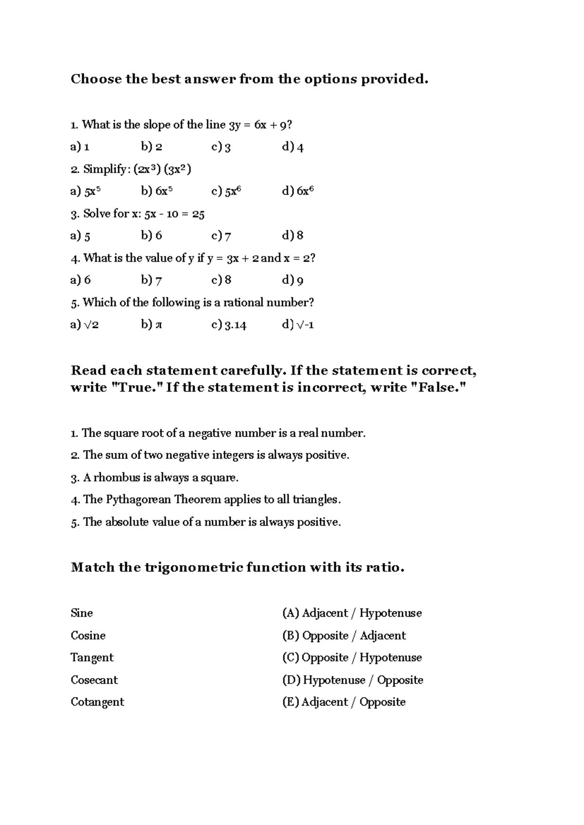 15 ITEM TEST - Random Type Questions for Math Concepts - Studocu