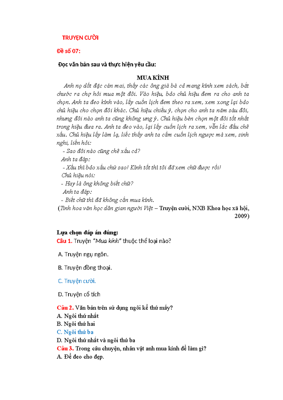 Đề T - Truyện Cười: Mua Kính và Giá Không Có Ruồi - Studocu