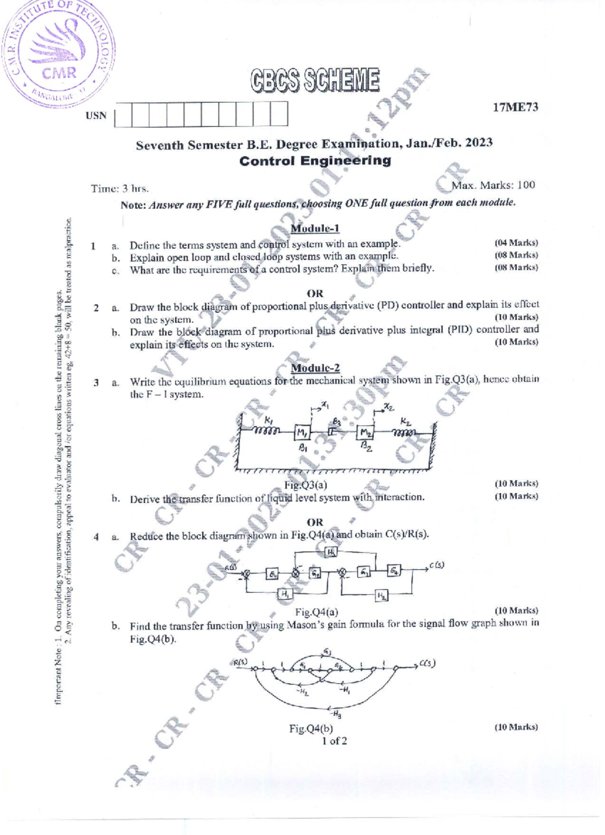 VTU 17ME73 Control Engineering Question Paper Jan-Feb 2023 - Studocu