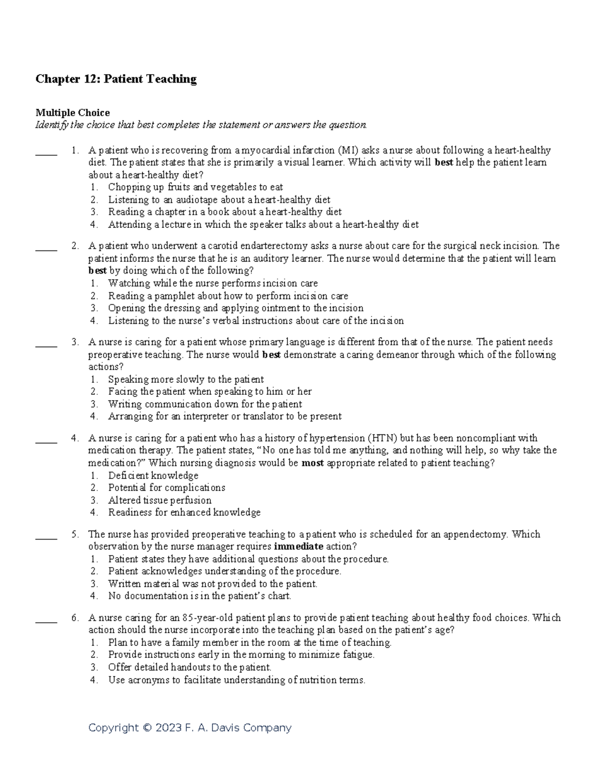 NUR179 Chapter 12 Study Guide on Patient Teaching Strategies - Studocu